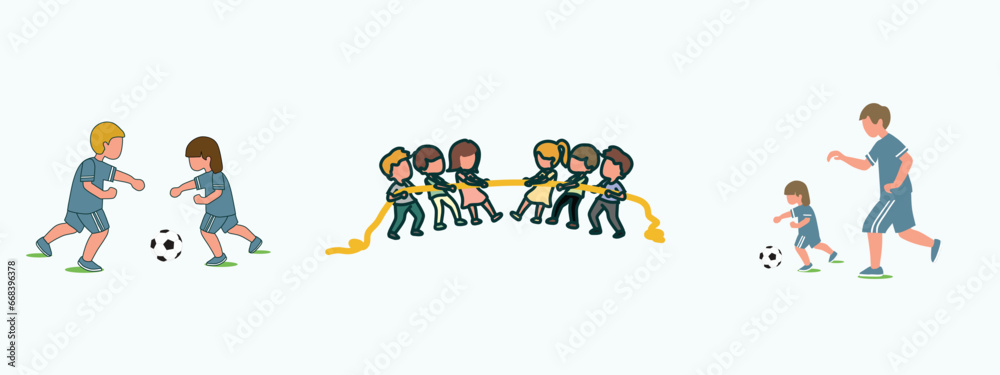 Poster Simple Vector illustration about a group of children playing tug ...