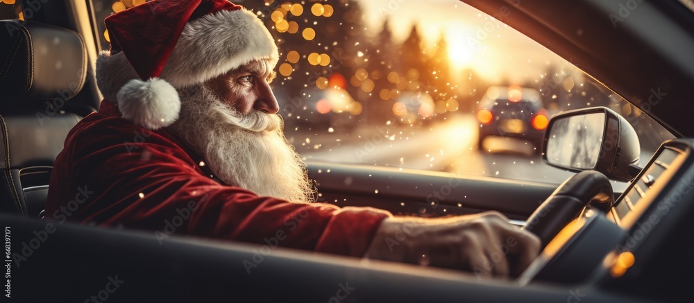 Speedy driver in car interior on snowy road and youthful green ...