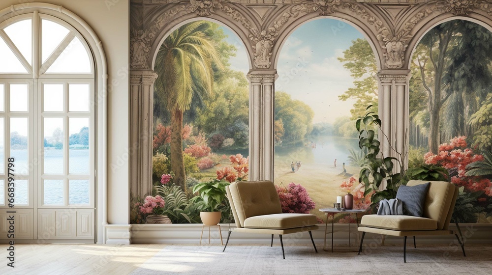 Wallpaper Classic drawing of a palace garden in the Baron style Stone ...