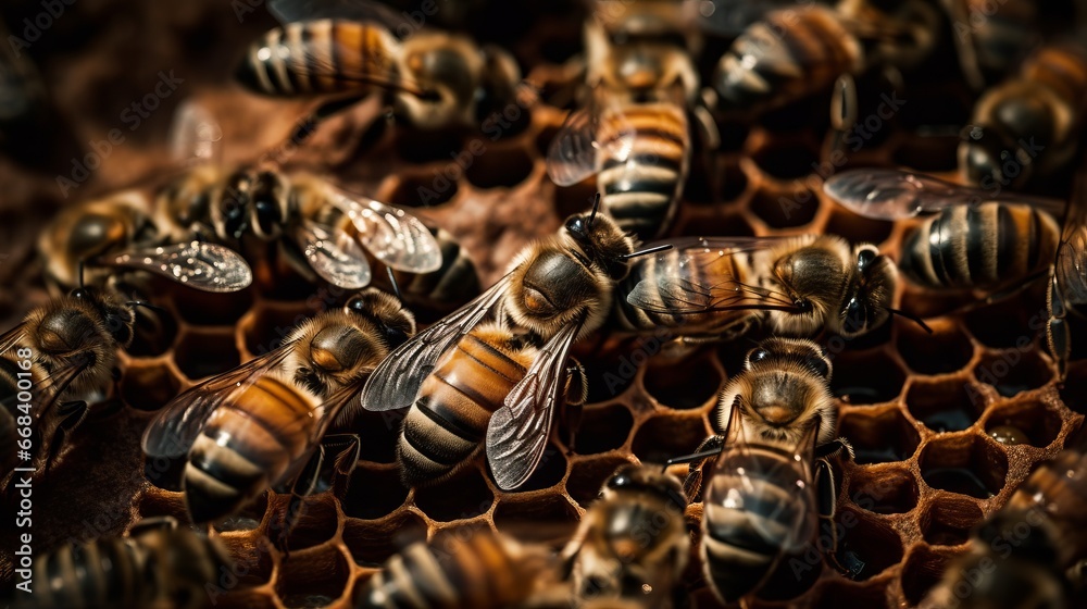 Honey bees crawling on honeycomb. Cute swarm of bees working at bee ...