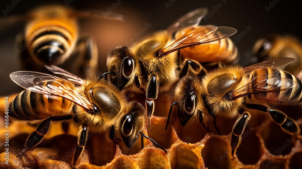 Honey bees crawling on honeycomb. Cute swarm of bees working at bee ...