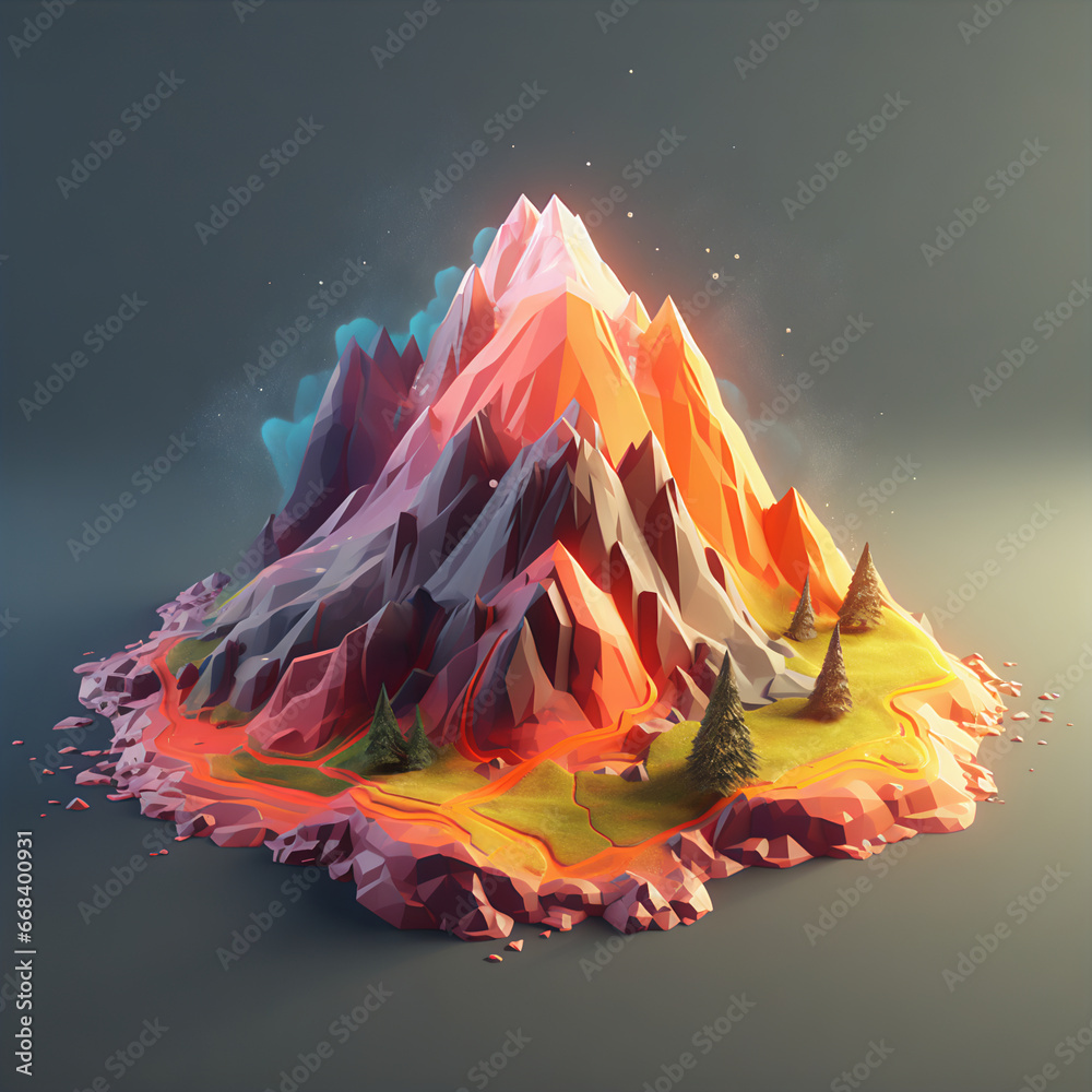 3D Semi-Realistic Isometric Render of a Vibrantly Colored Mountain with ...