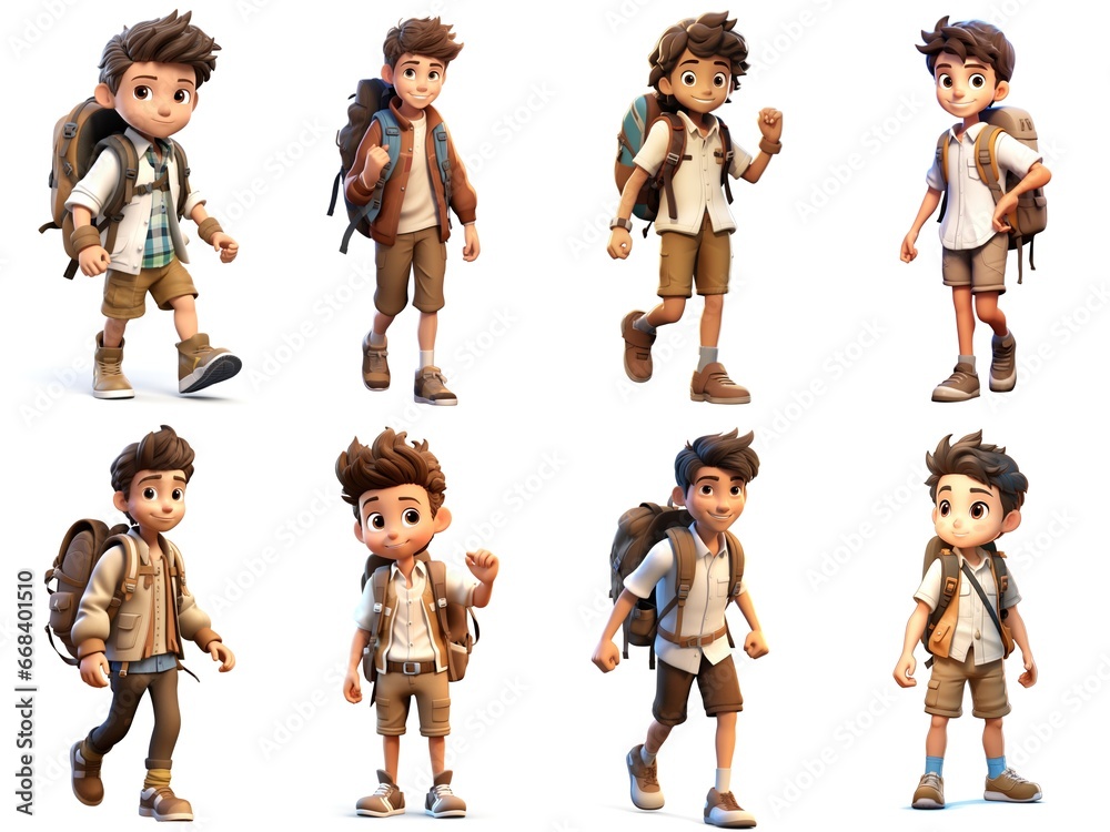 A series of pictures of cartoon boys with backpacks. Set of eight ...