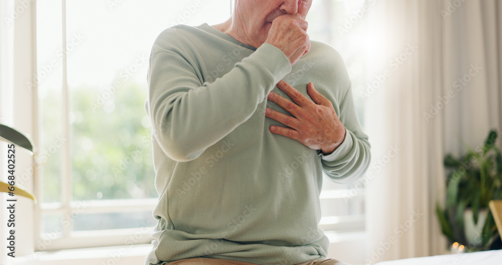Coughing, sick and a person feeling chest for pain, heart attack or ...
