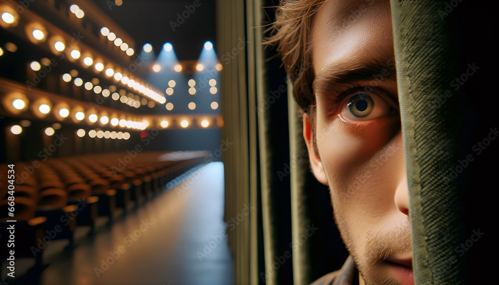 Stage fright concept. Anxious face peeking backstage behind the curtain ...