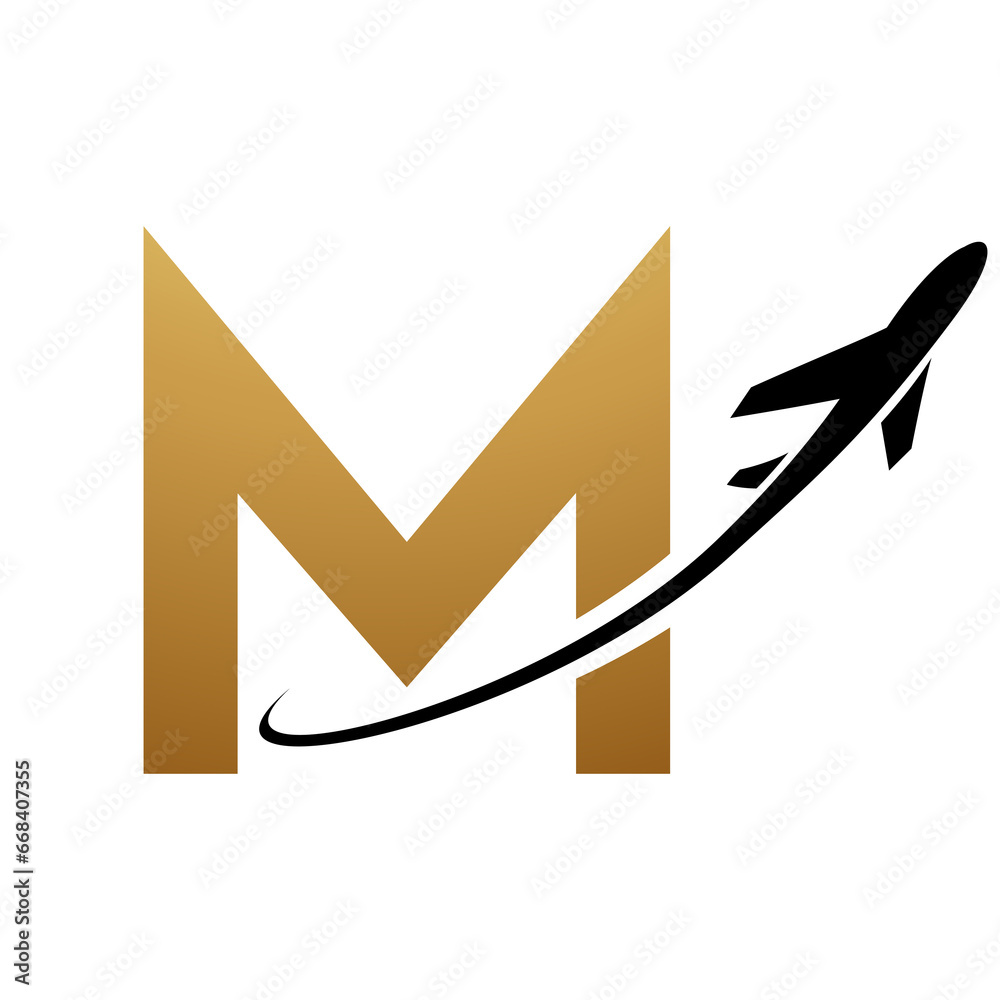 Gold and Black Uppercase Letter M Icon with an Airplane Stock ...