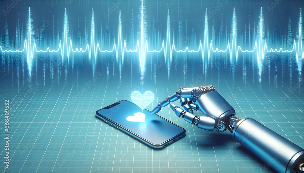 Digital illustration of a robotic arm interacting with a smartphone ...