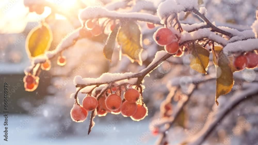 Winter garden in the morning during sunrise. Snow-covered apple tree ...