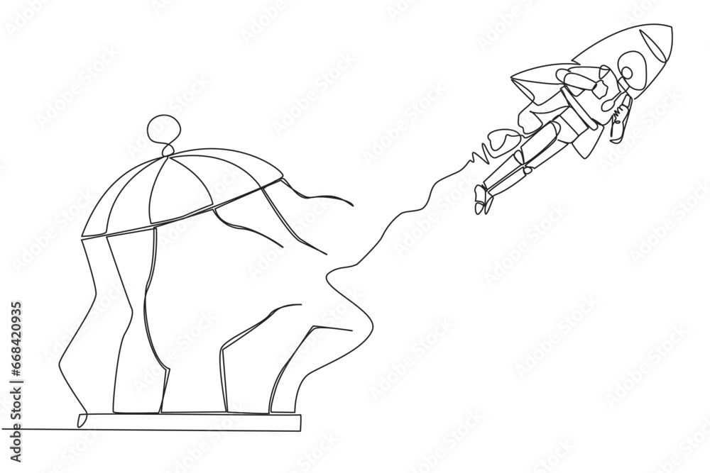 Single one line drawing robot flying with rocket and breaks the cage ...