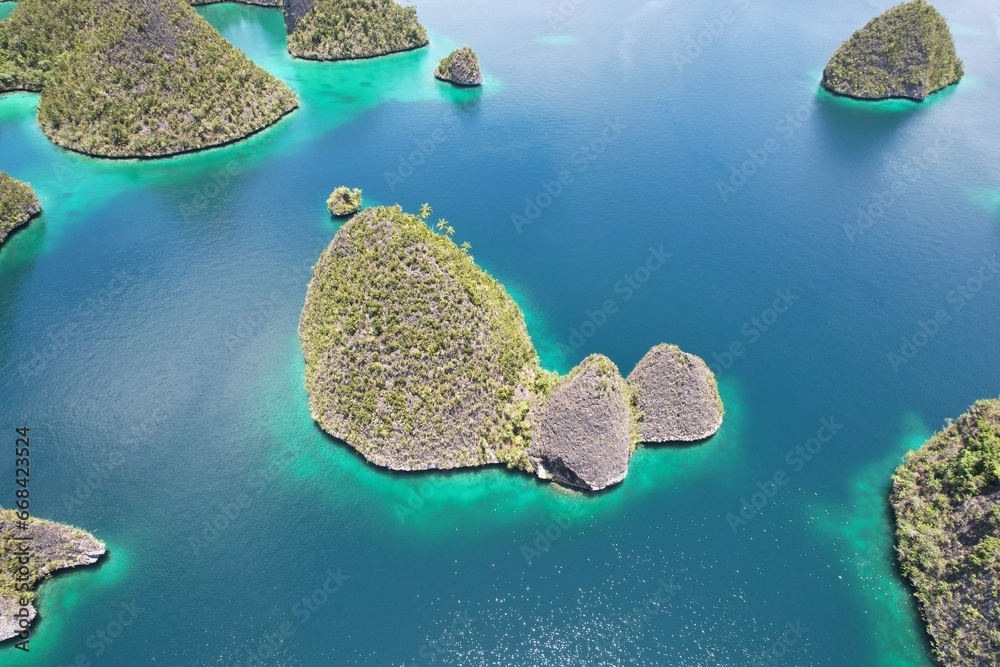Beautiful view of limestone islands in remote archipelago. Tower karst ...