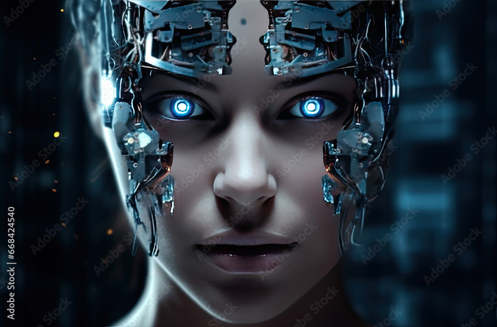 portrait of a cyborg with a human face, the era of artificial ...