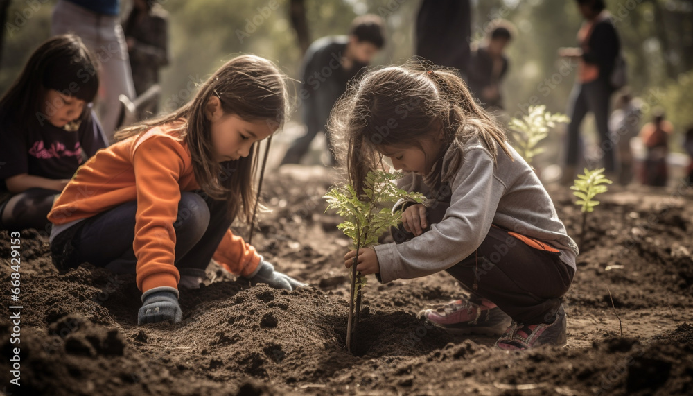 Happy children bonding in nature, learning and growing together ...