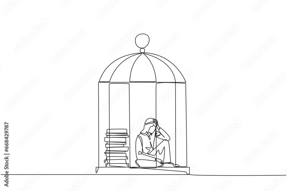 Continuous one line drawing Arabian businessman trapped in cage sitting ...