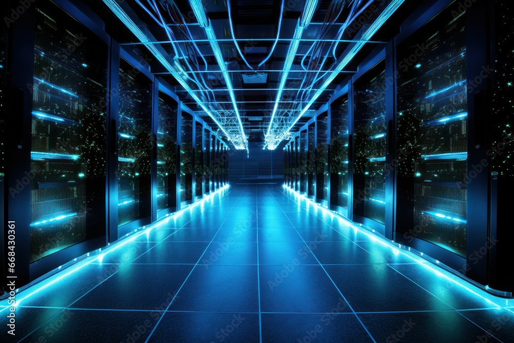 Server room with glowing LED lights and fiber optic cables. Stock Photo ...