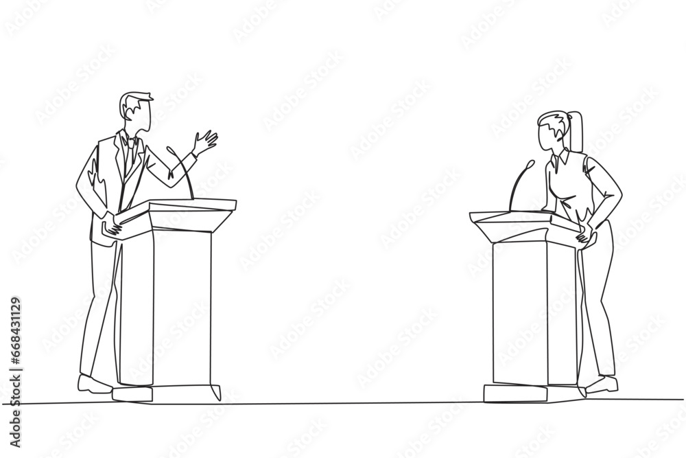 Continuous one line drawing businessman and businesswoman arguing on ...