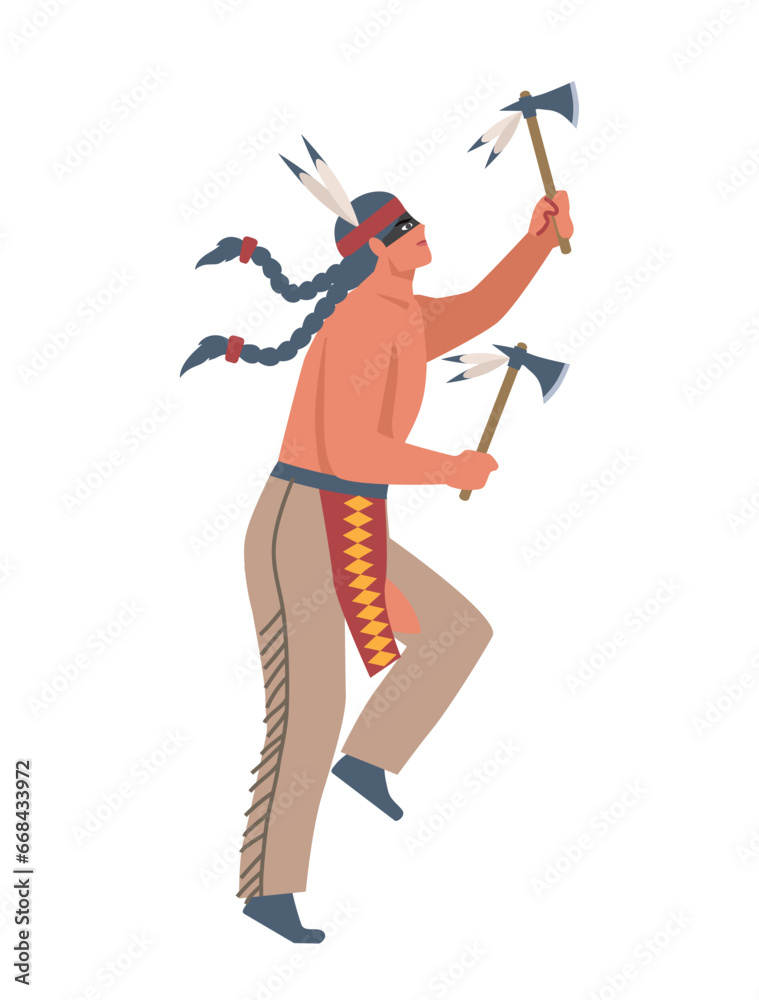 Native American Character Man With Axe And Feathers Person In Traditional Costume Sticker For