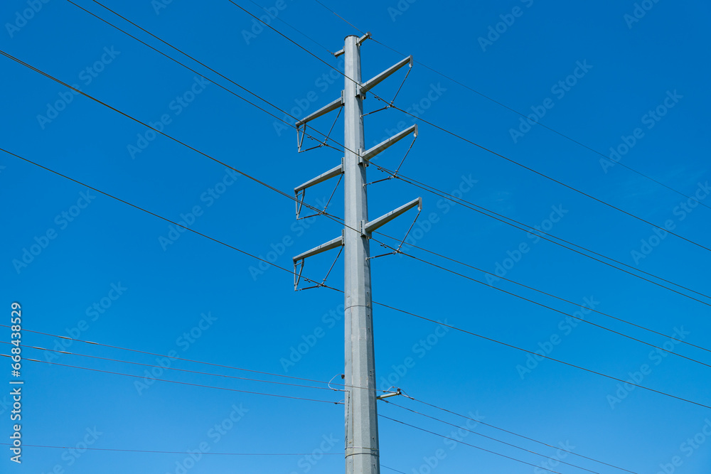electricity power lines. pylon producing energy. voltage transmission ...