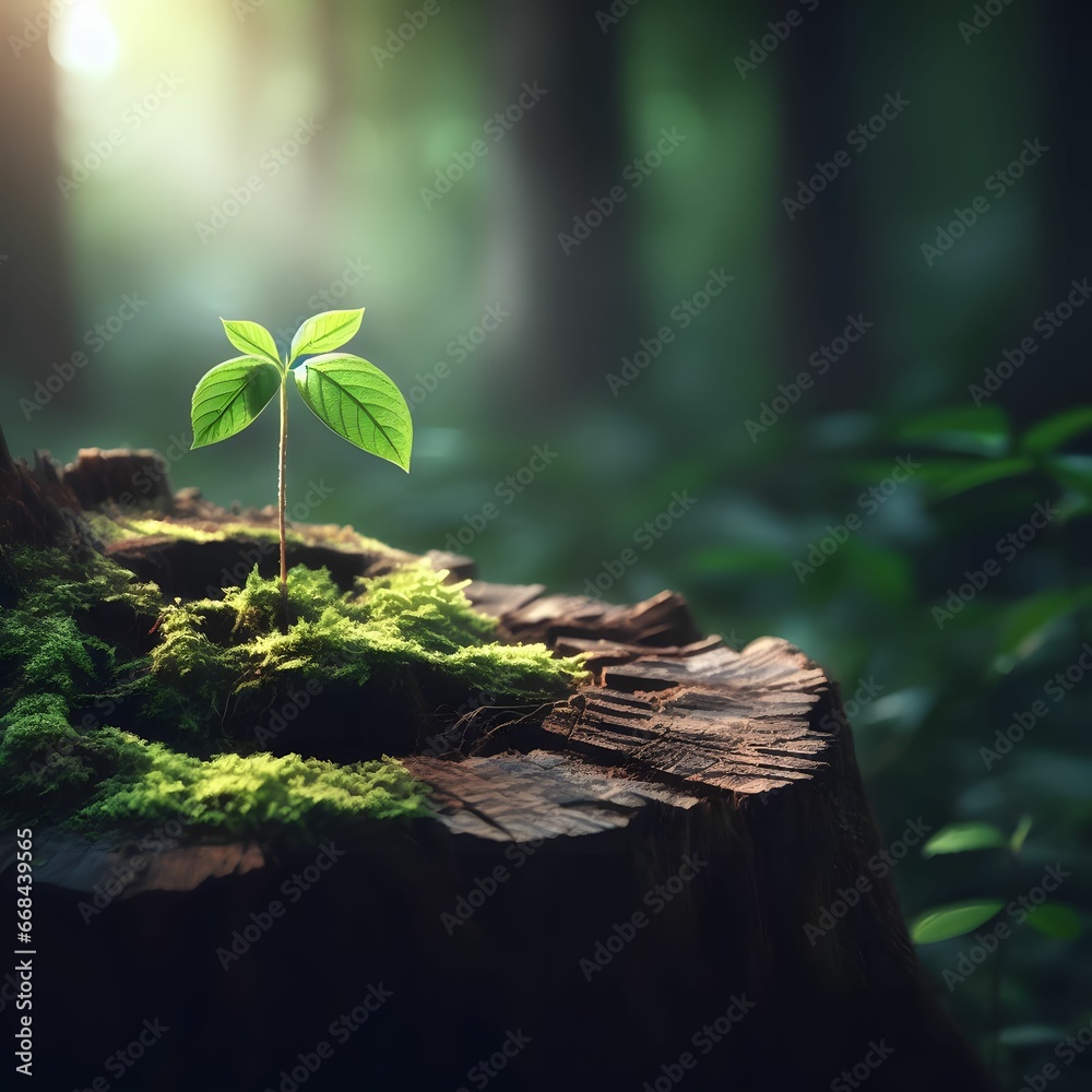 Green sprout growing from old stump in the forest. Ecology concept ...
