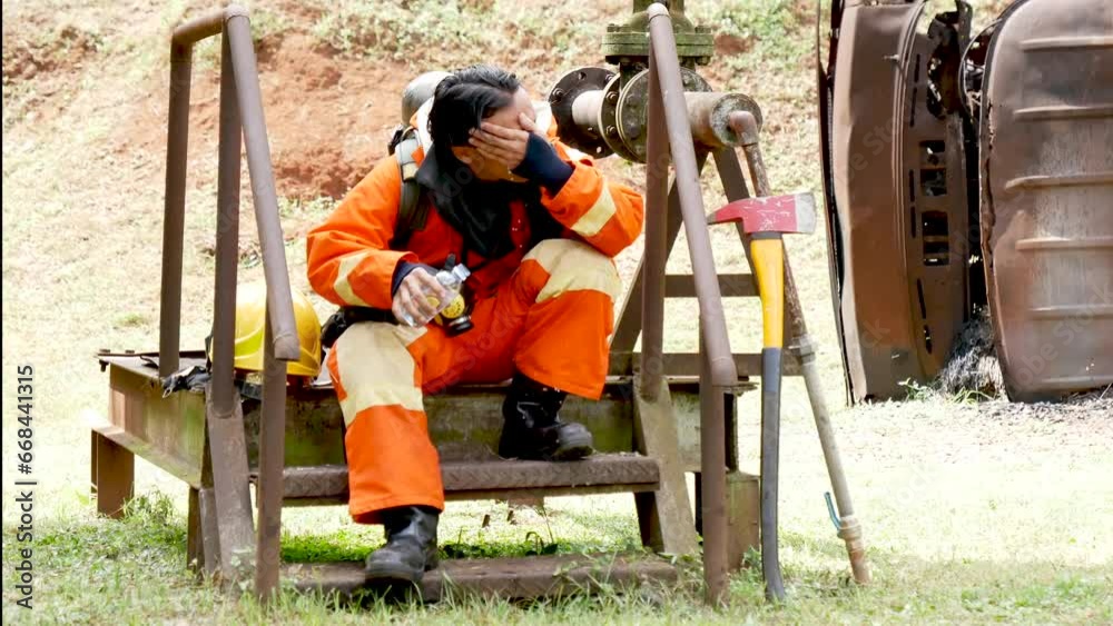 Firefighter fighting with flame using fire hose chemical water foam ...