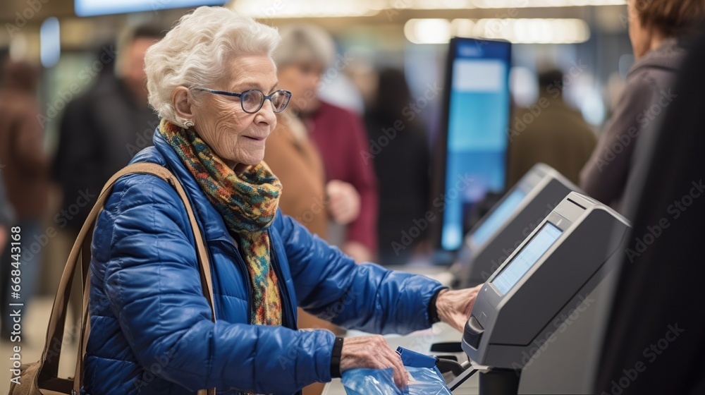 Senior woman using credit card in a store; elderly person costumer ...