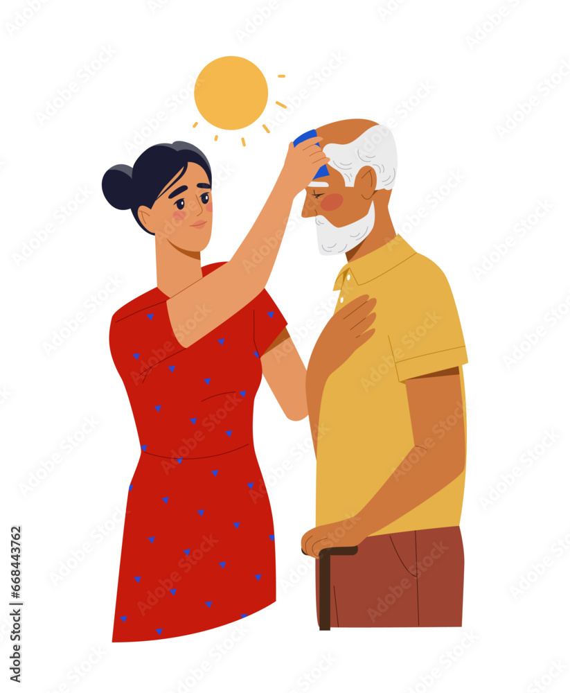 Vecteur Stock Sun burn person concept. Woman help elderly man. Suntan ...