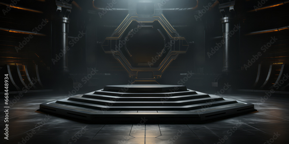 Underground big dark hall concrete with stairs. Exhibition hall. Garage ...