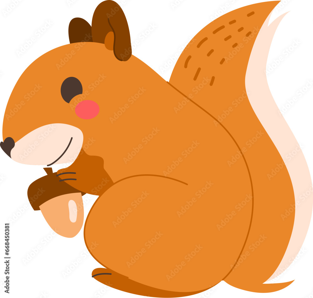 Cute happy squirrel with smiling joyful face, holding acorn nut and ...