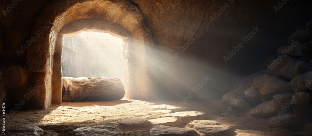 Jesus tomb stone rolled away light inside Stock Photo | Adobe Stock