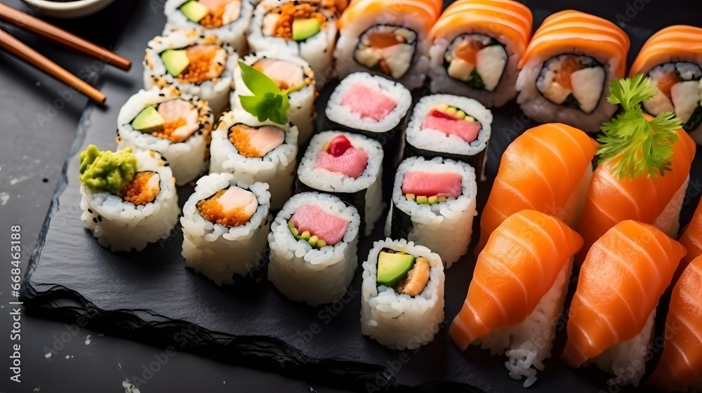 japanese sushi food. Maki ands rolls with tuna, salmon, shrimp, crab ...