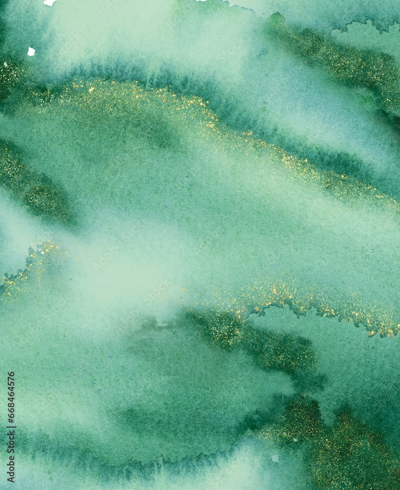 Green emerald watercolor stains texture background with gold glitter ...