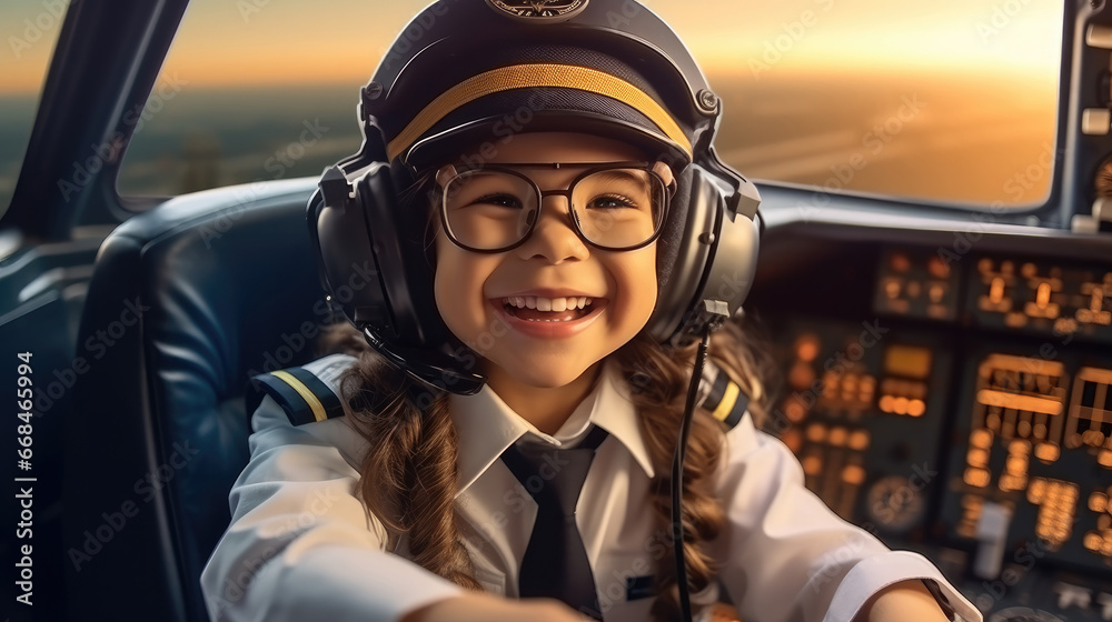 Happy little girl dressed as airline pilot in the cockpit of airliner ...