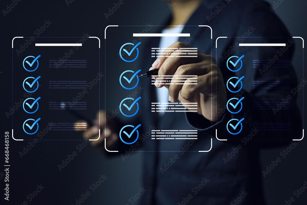 Businessman tick check mark to correct sign on customer survey and ...
