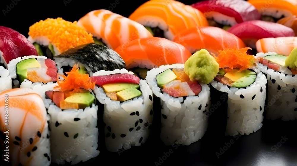 Overhead japanese sushi food. Maki ands rolls with tuna, salmon, shrimp ...
