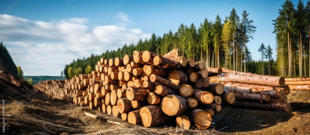 Illegal deforestation and logging industry results in stacks of cut ...