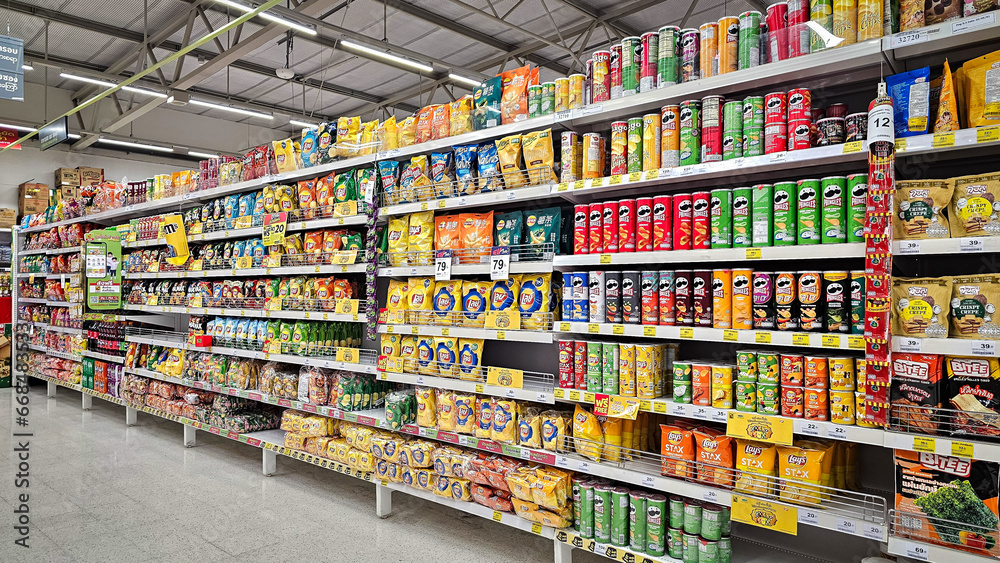 Products in department stores. Various snack brand in Thailand on ...