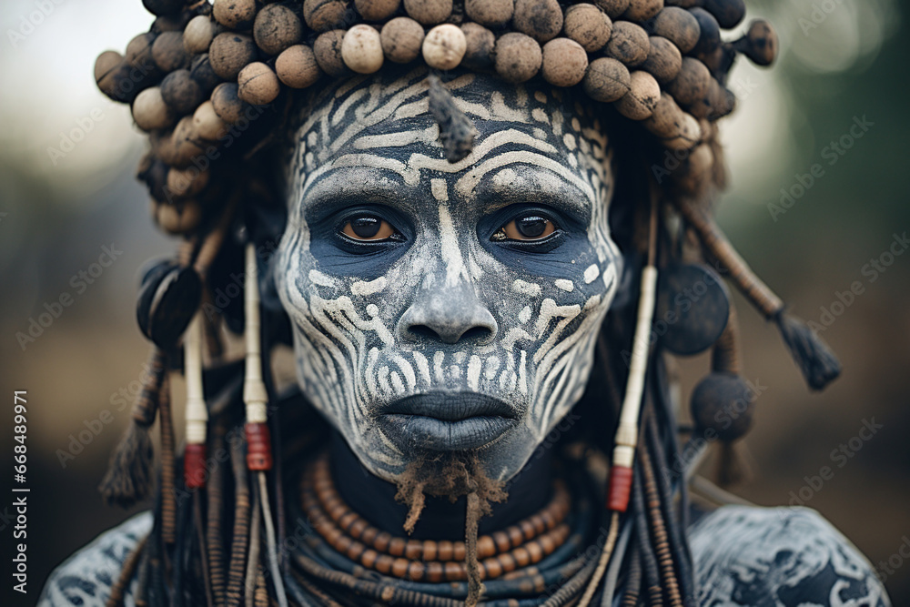 Senior african serious man primitive tribe with traditional white face ...