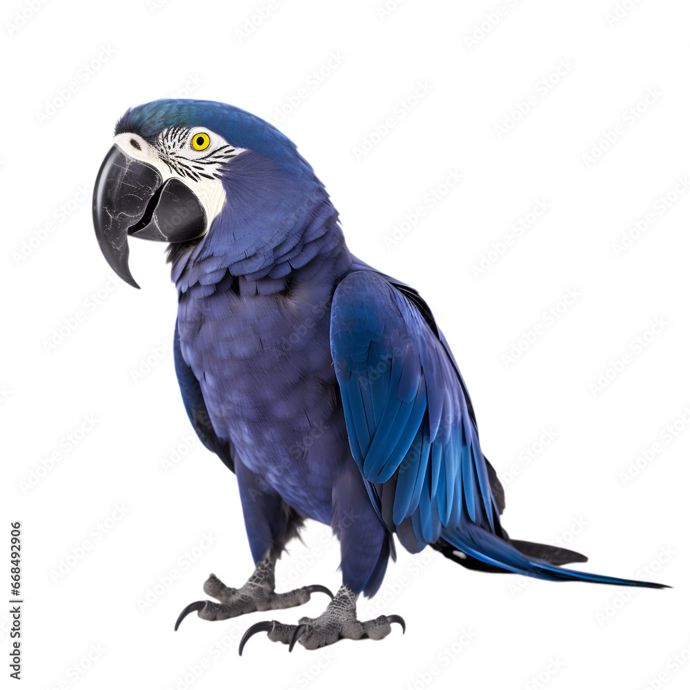 side view, blue hyacinth macaw stands against on transparent background ...