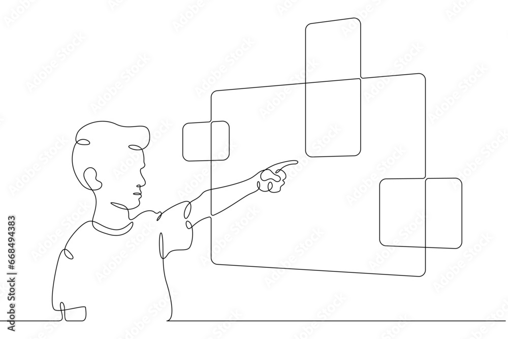 A child with large screens. Interactive monitors. The child touches the ...