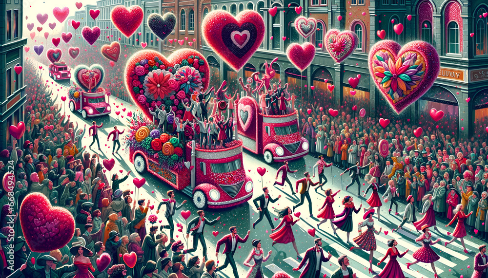 Artistic representation of a Valentine's Day parade, filled with ...