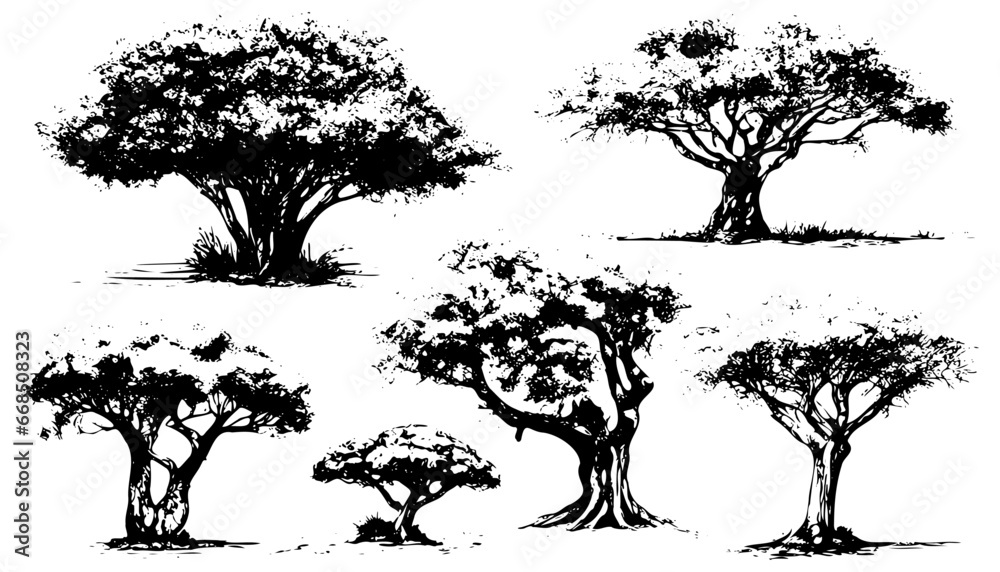 Sketch of African savanna, landscape with trees. Black outline on a ...