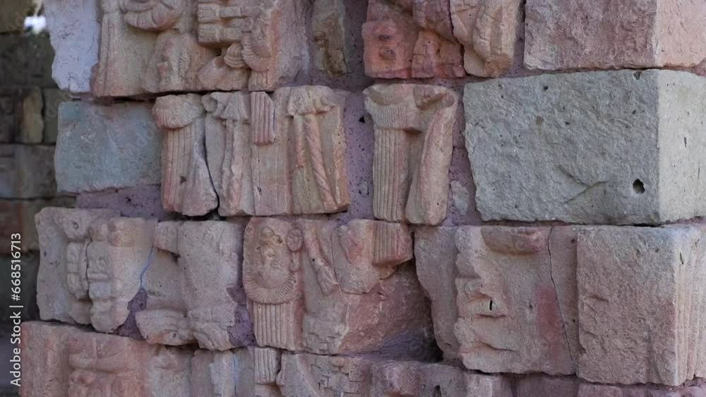 Tilt up ancient carved temple stones, glyphs at Mayan Copan ruins, HND ...