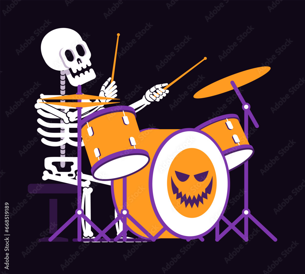 Skeleton drummer plays a drum set. Halloween skeleton plays the drums ...