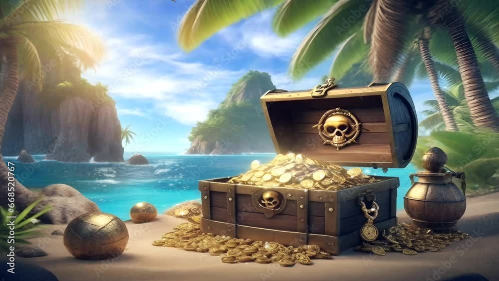 Pirate Treasure Chest on an Island with Natural Panorama background ...