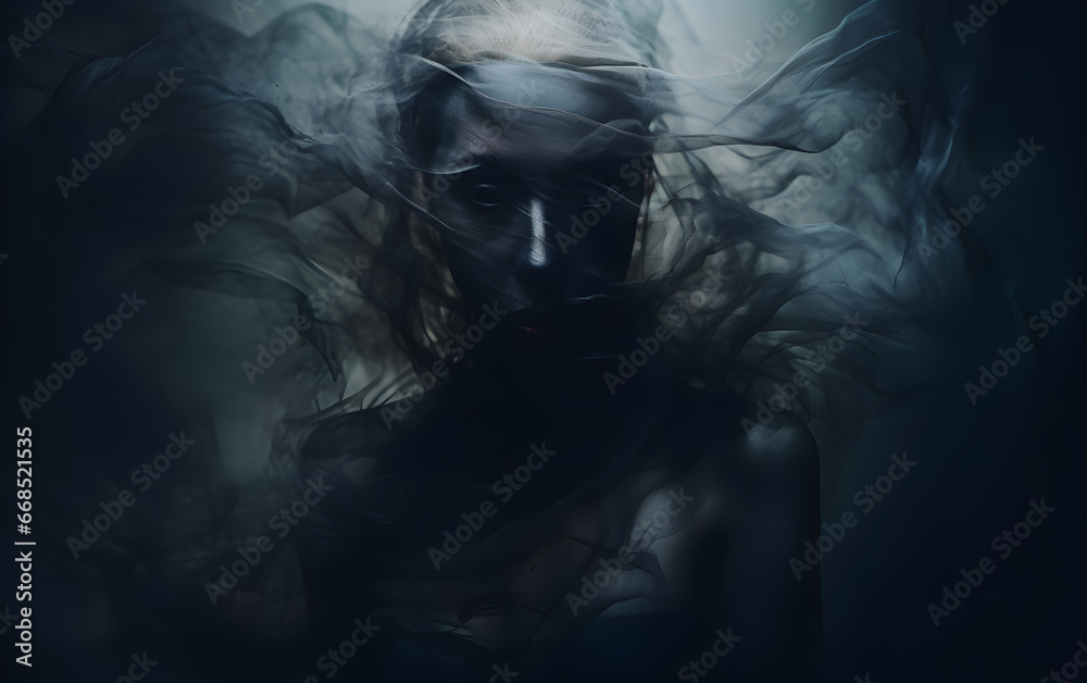 Dark, horror ethereal depiction of a woman enveloped in darkness ...