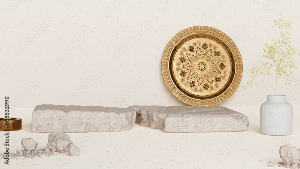 3d product mockup backdrop background traditional theme gold meal dish ...