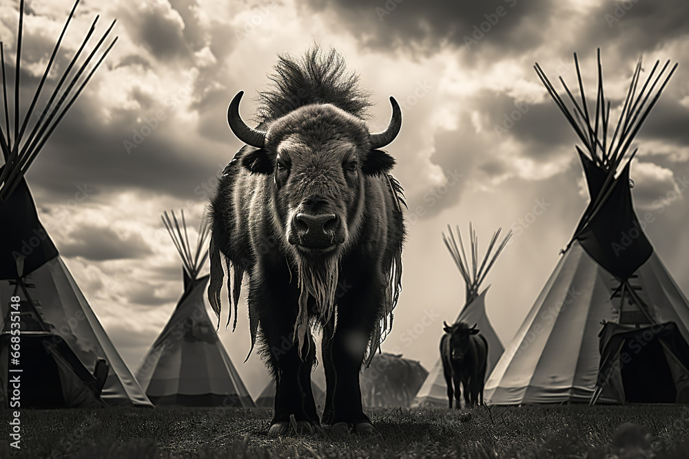 wildlife photography, Buffalo Herd among Teepees of the Blackfoot Tribe ...