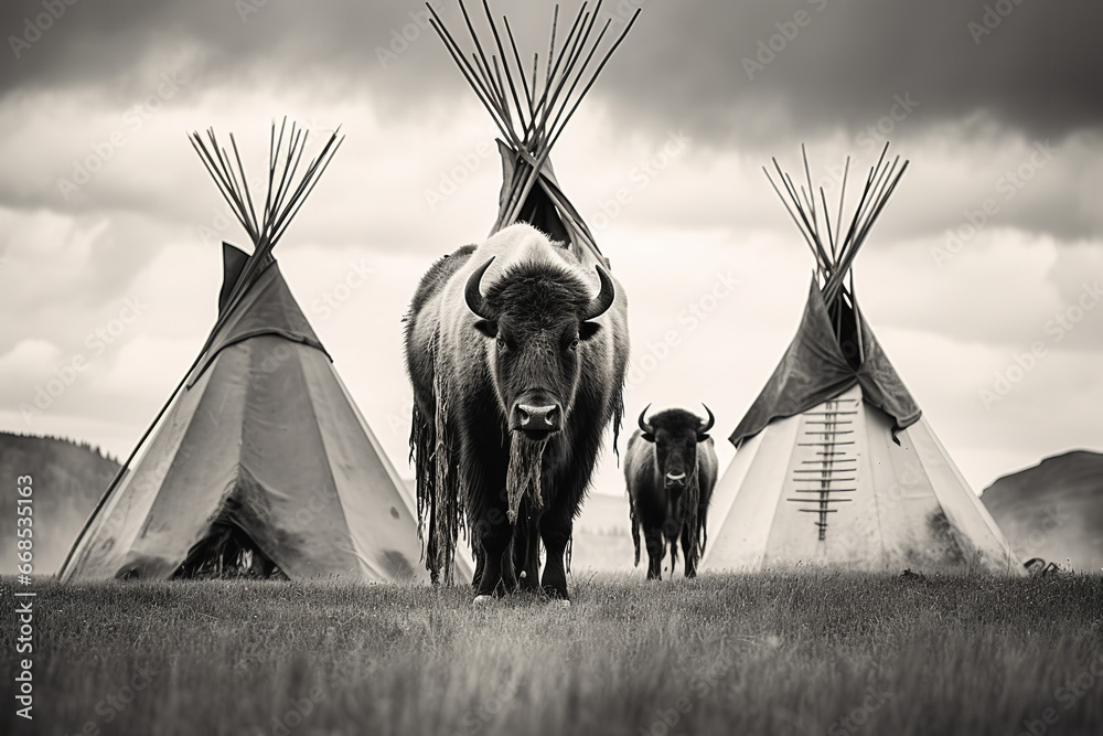 wildlife photography, Buffalo Herd among Teepees of the Blackfoot Tribe ...