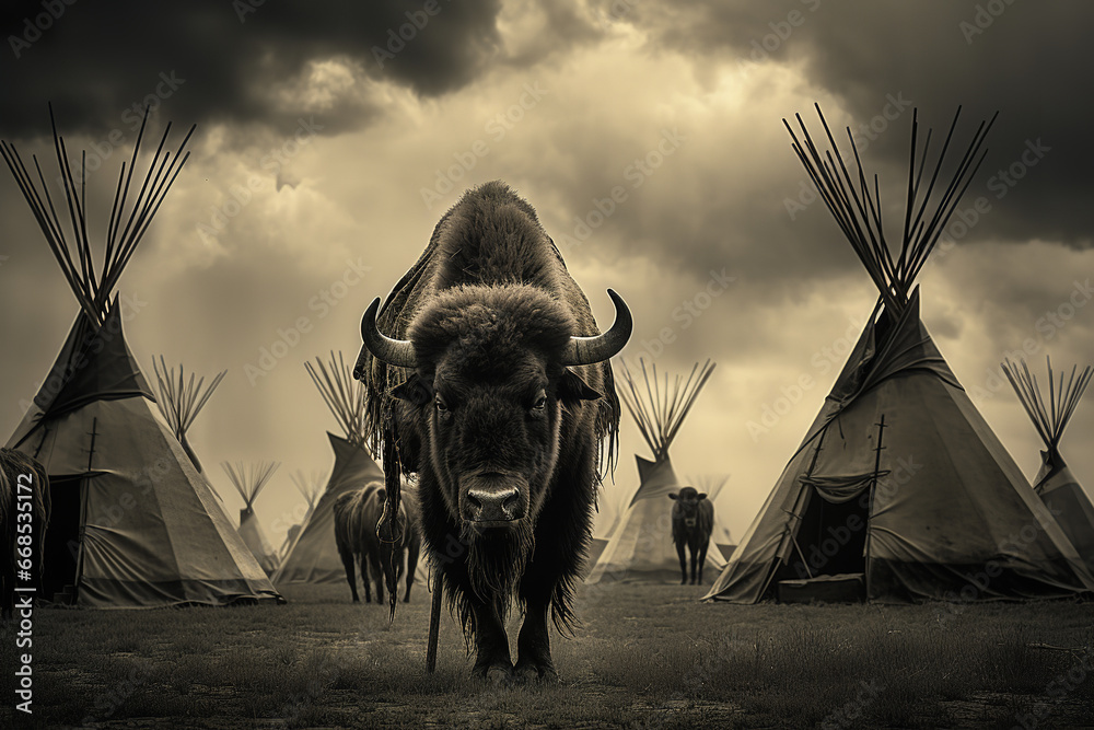 wildlife photography, Buffalo Herd among Teepees of the Blackfoot Tribe ...