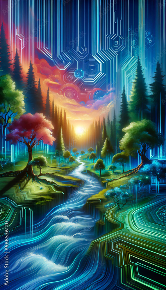 Nature Meets Technology in a Neon-Tinged Forest Stock Illustration ...