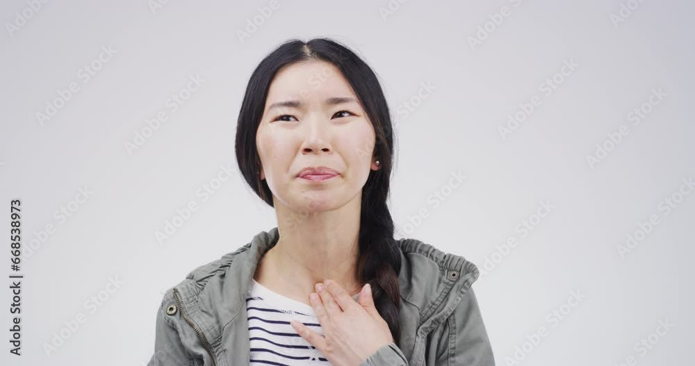 Vidéo Stock Woman, cough and sore throat in pain, sick and bacteria or virus, illness and studio ...